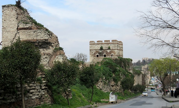 The ancient walls of Constantinople from Top Kapi and Yedikule Kapi