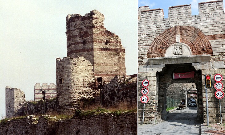 The ancient walls of Constantinople from Top Kapi and Yedikule Kapi